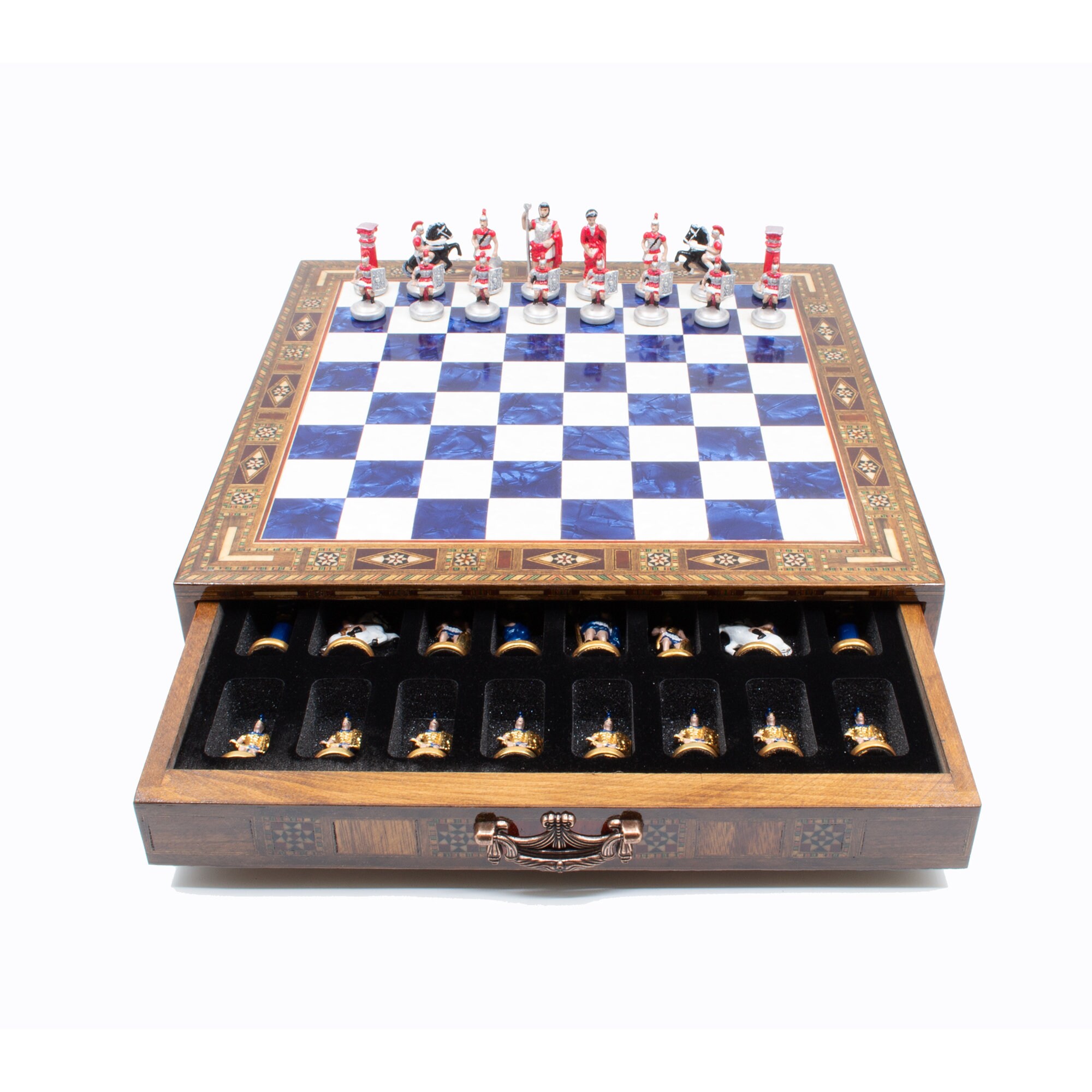 Hand Painted Chess Pieces in Roman Style Blue Chess Board With Storage ...