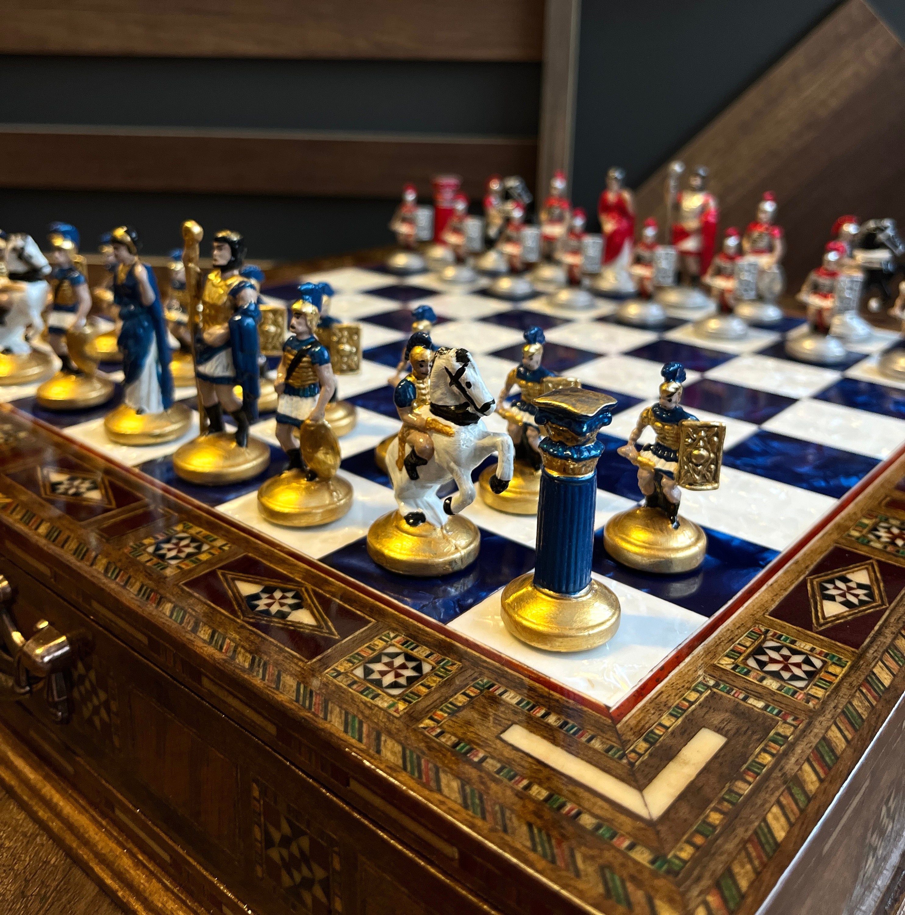 Hand Painted Chess Pieces in Roman Style Blue Chess Board With Storage ...