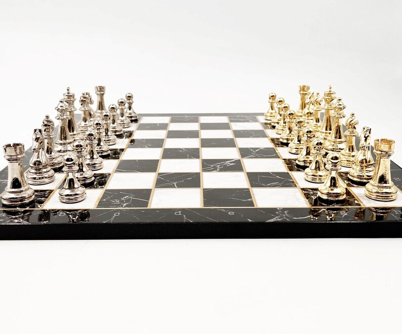 Metal Chess Set: Black & White Wooden Board, Decorative Gift - Etsy