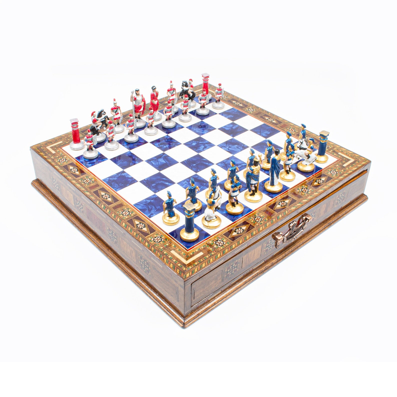 Hand Painted Chess Pieces in Roman Style Blue Chess Board With Storage ...