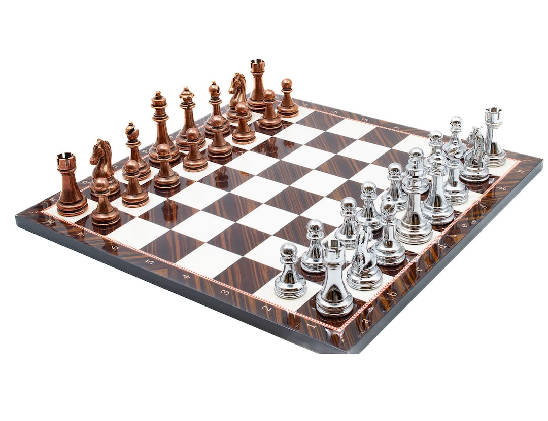 Handmade Metal Chess Set: Copper & Silver Pieces, Wood Board - Etsy