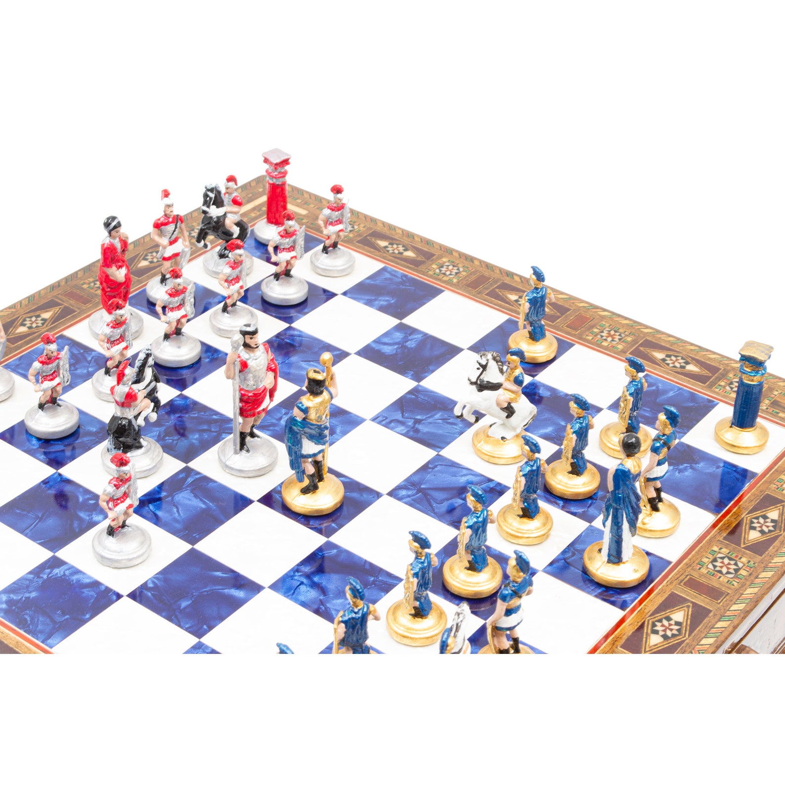 Hand Painted Chess Pieces in Roman Style Blue Chess Board With Storage ...