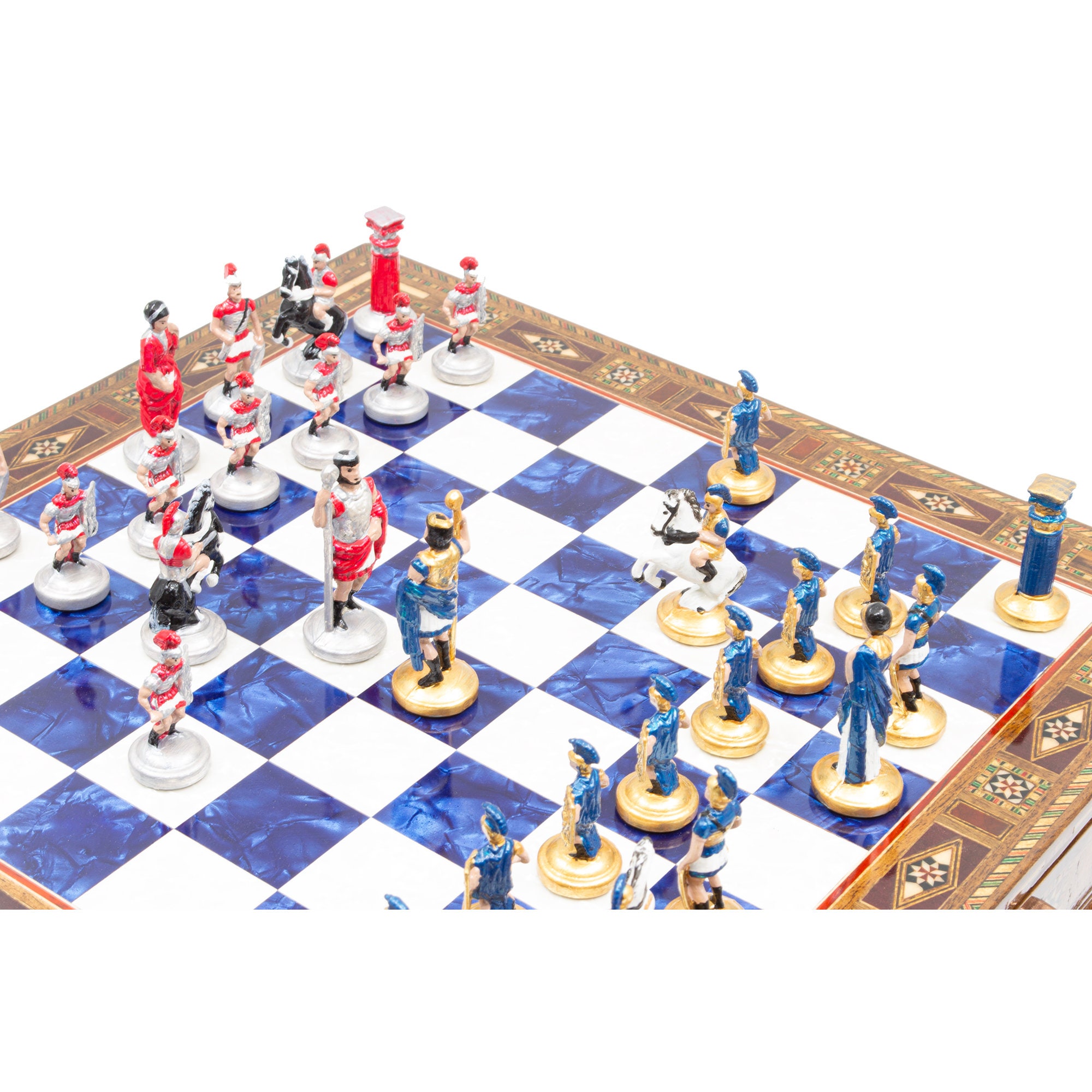Hand Painted Chess Pieces in Roman Style Blue Chess Board With Storage ...