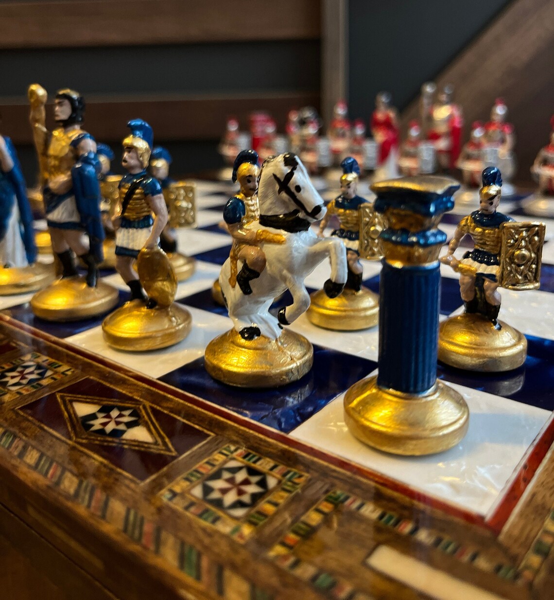 Hand Painted Chess Pieces in Roman Style Blue Chess Board With Storage ...