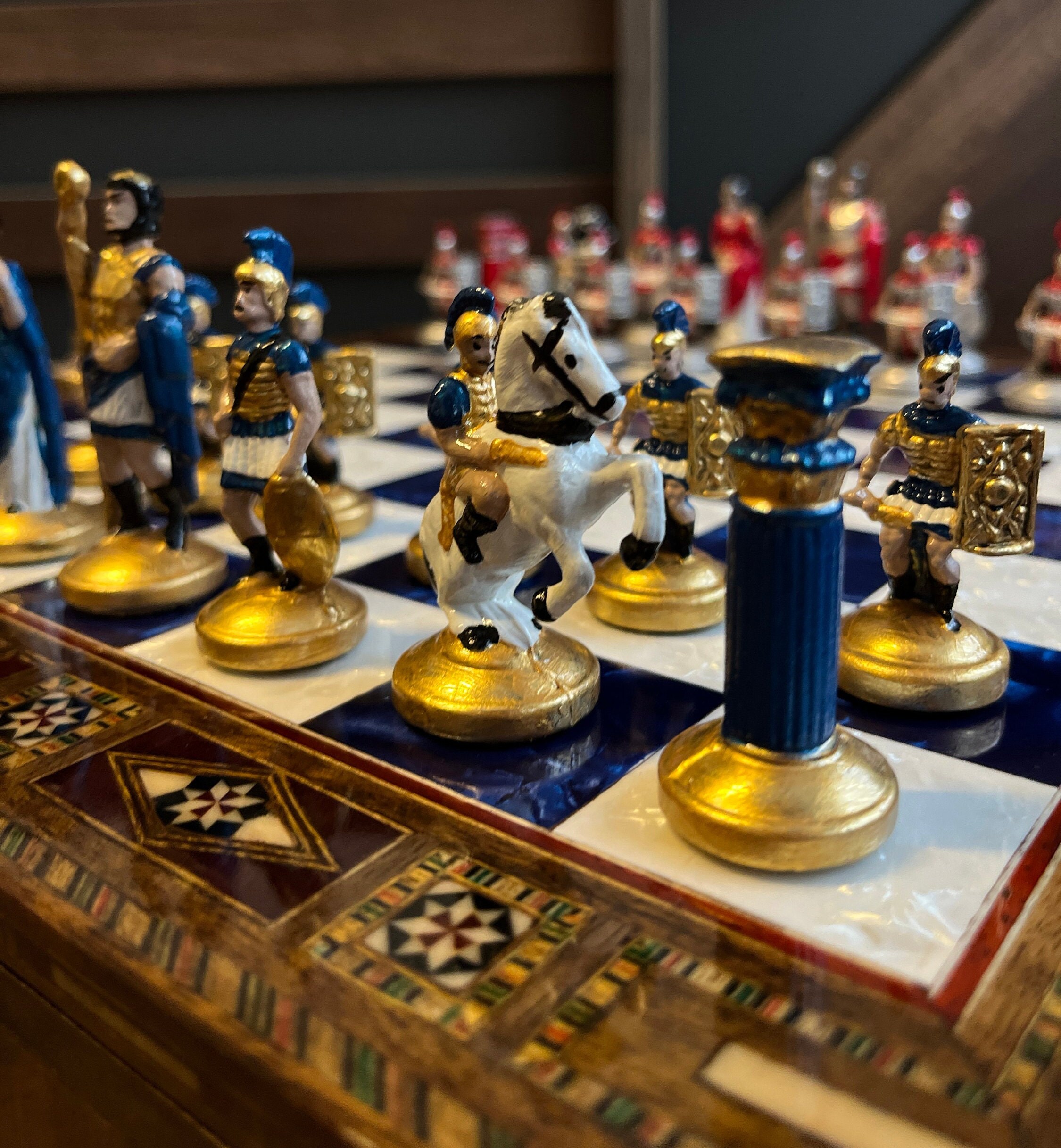 Hand Painted Chess Pieces in Roman Style Blue Chess Board With Storage ...