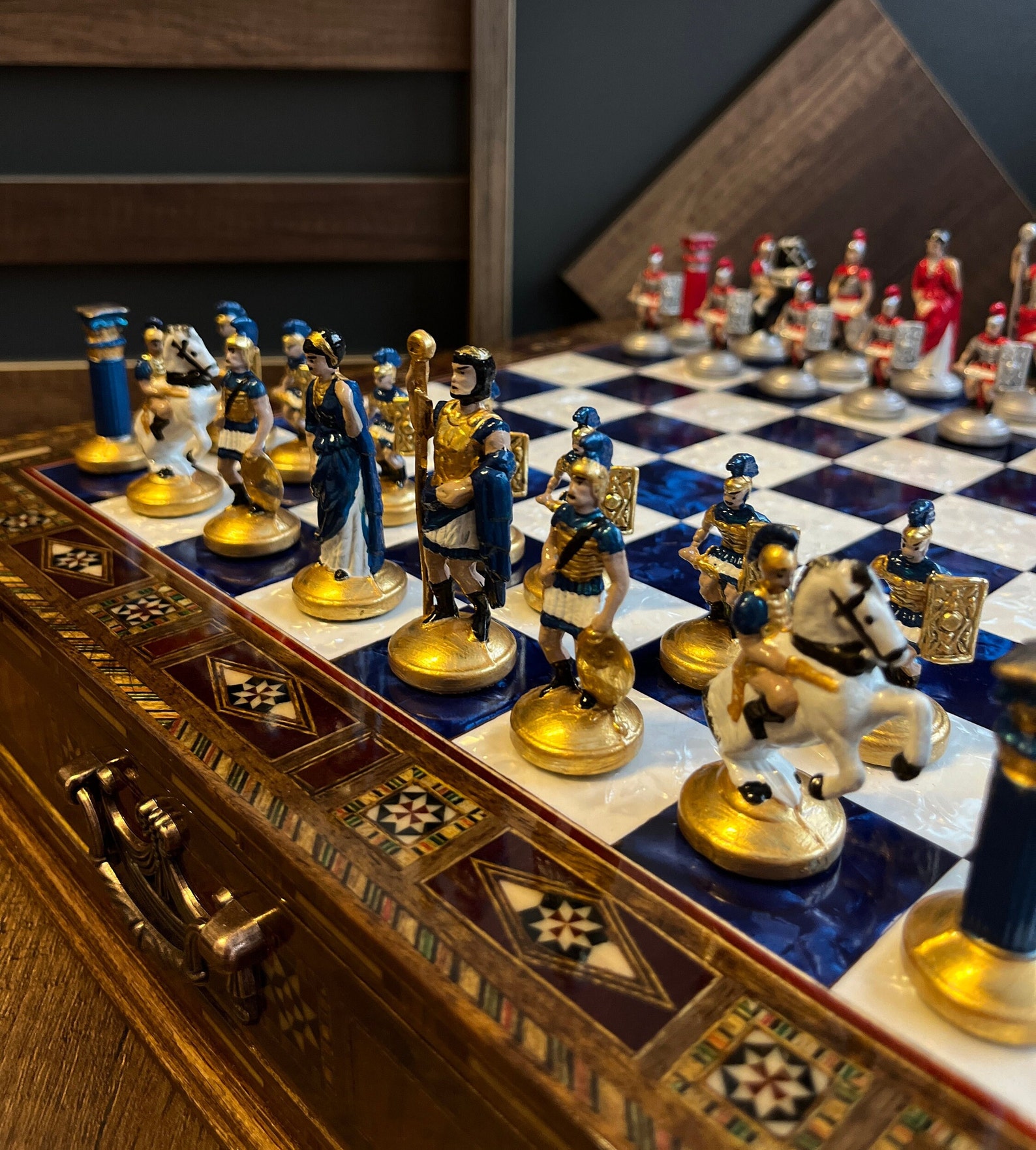 Hand Painted Chess Pieces in Roman Style Blue Chess Board With Storage ...