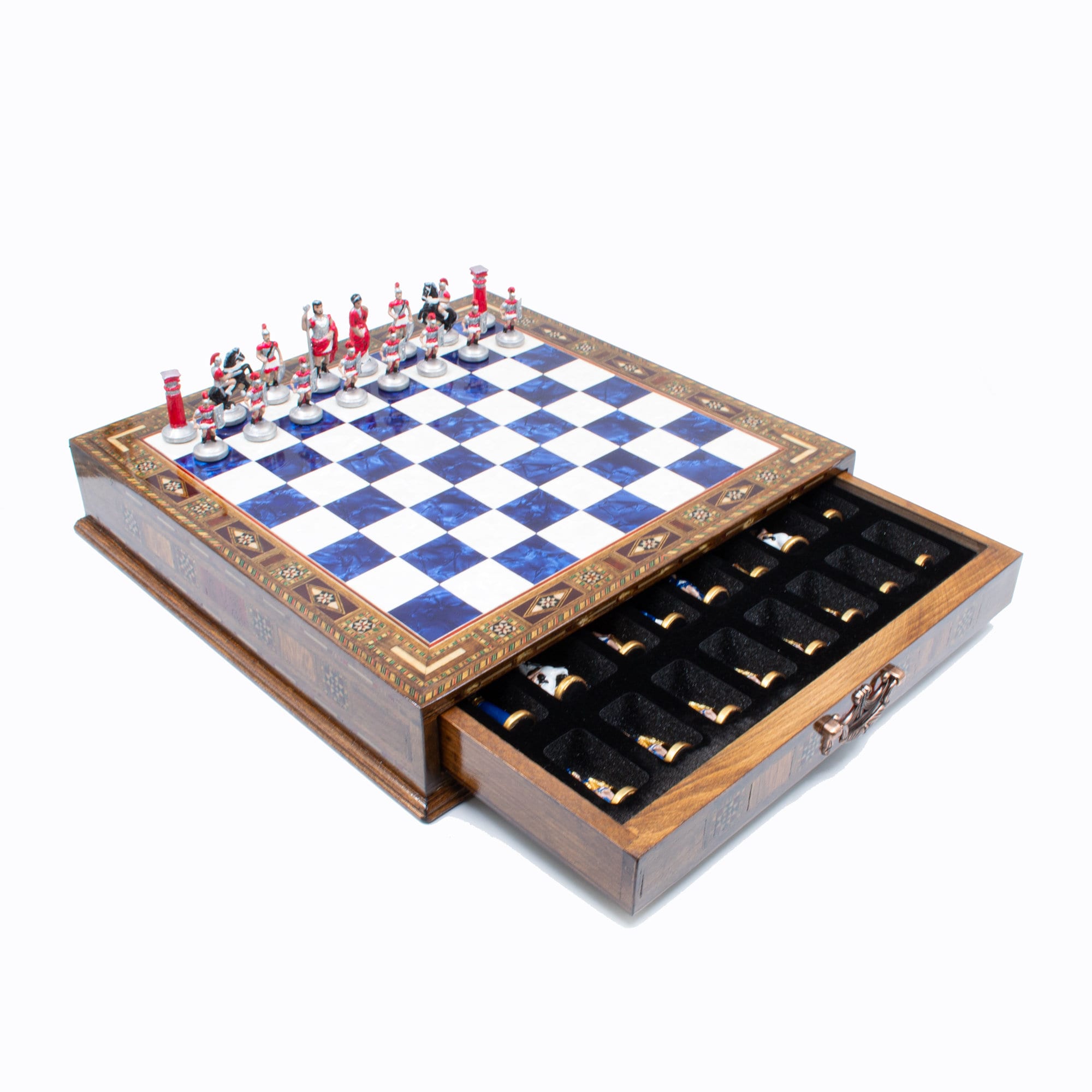 Hand Painted Chess Pieces in Roman Style Blue Chess Board With Storage ...