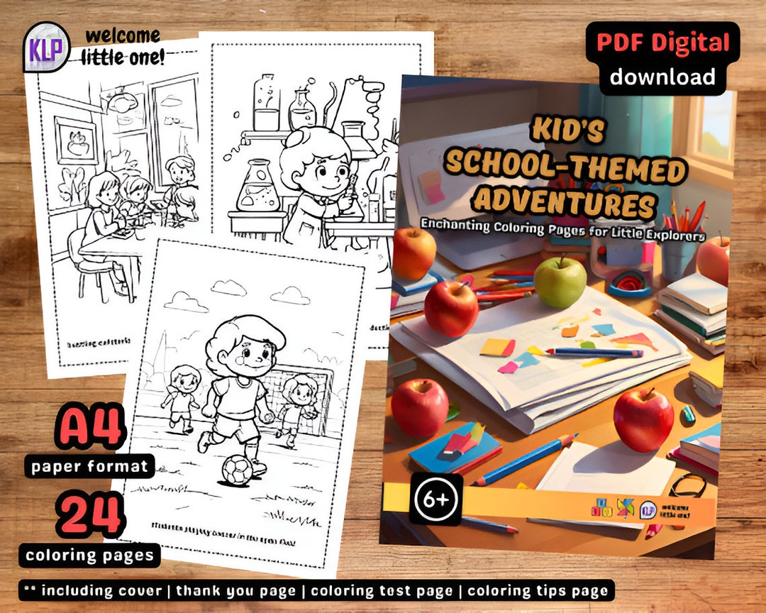 Kid's School-themed Coloring Pages, Printable Digital PDF, Simple Line ...