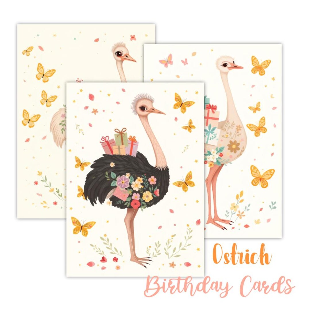 Ostrich Birthday Card Printable | Cute Ostrich With Gifts | Instant ...