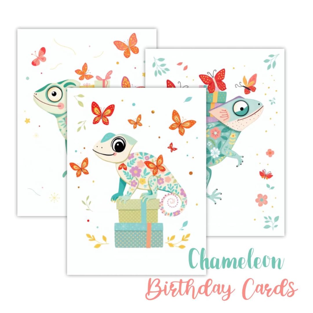 Chameleon Birthday Card Printable | Cute Chameleon With Gifts | Instant ...