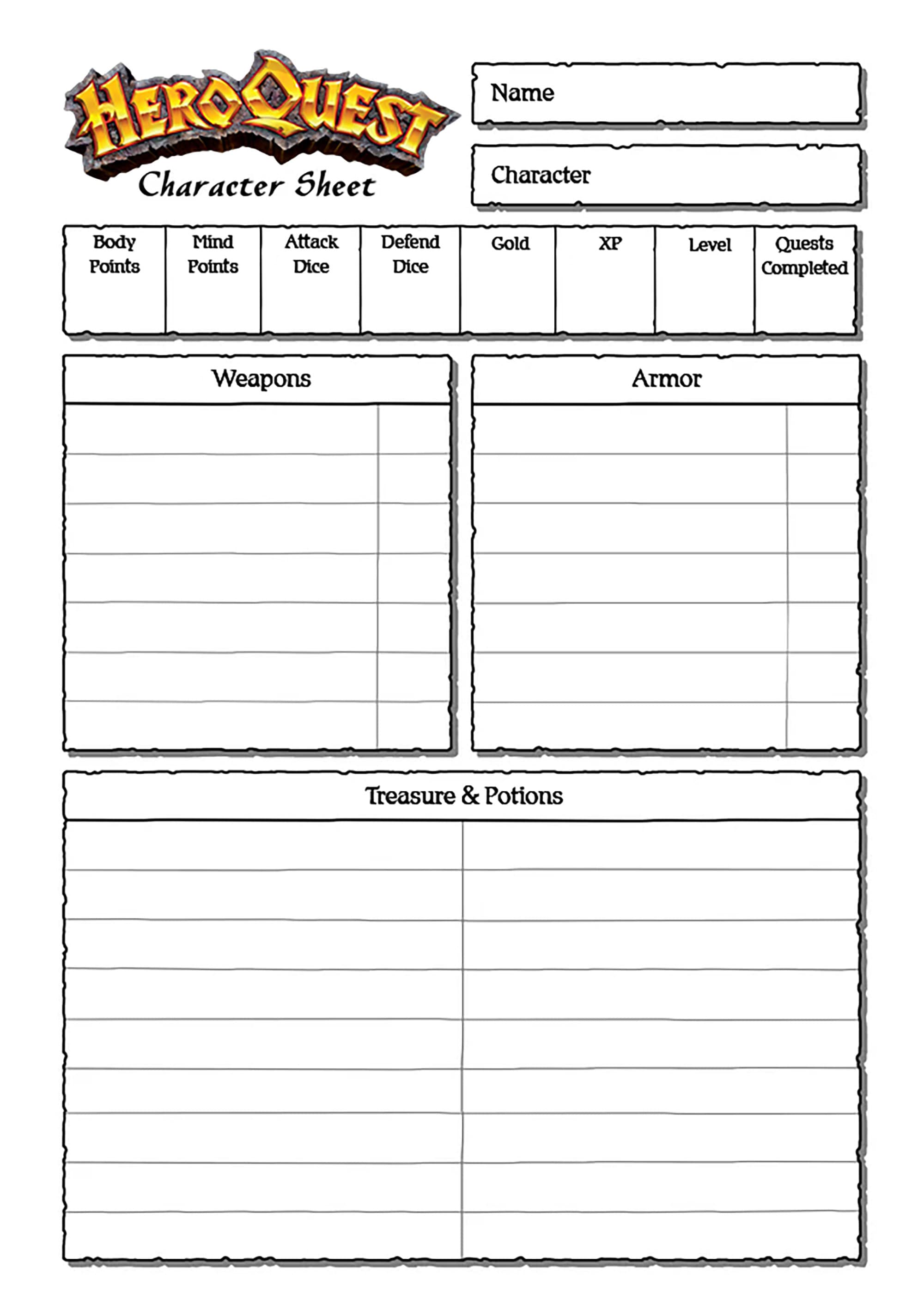 Digital Editable Heroquest Character Sheet PDF for Smart Phones ...