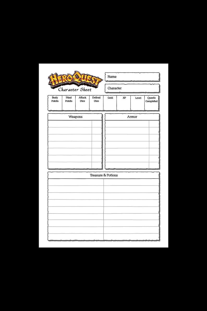 Digital Editable Heroquest Character Sheet PDF for Smart Phones ...
