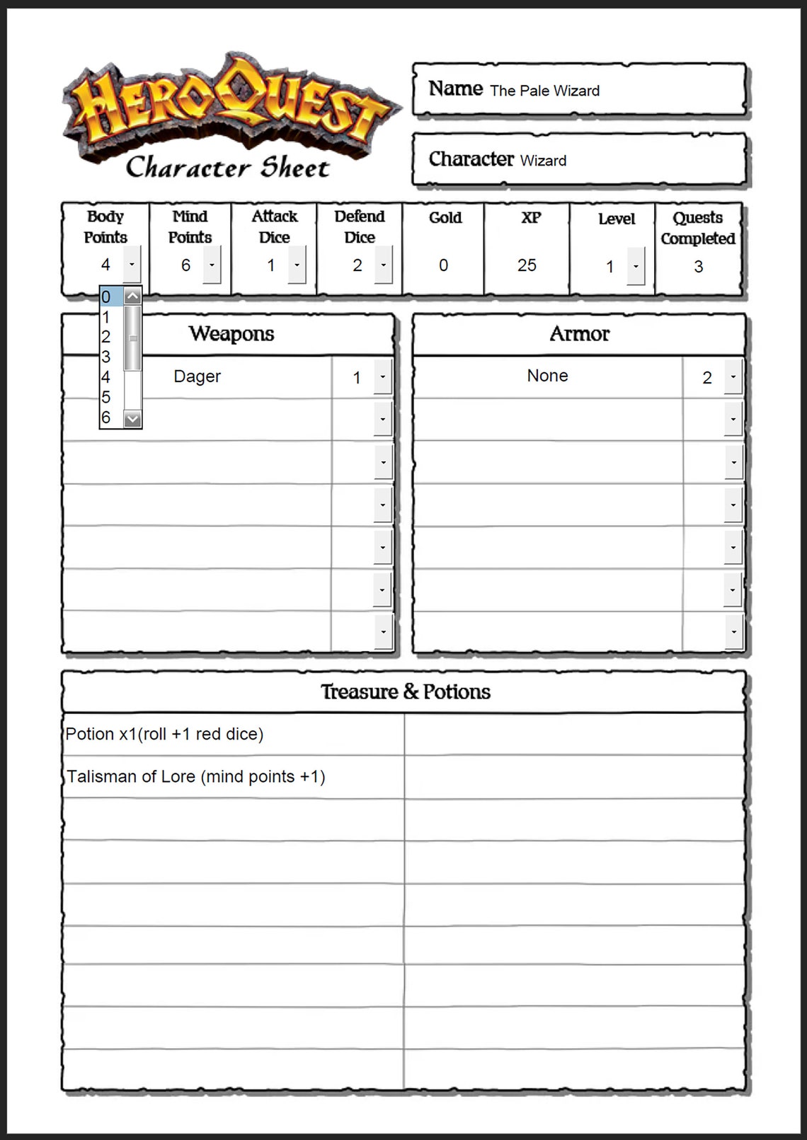 Digital Editable Heroquest Character Sheet PDF for Smart Phones ...