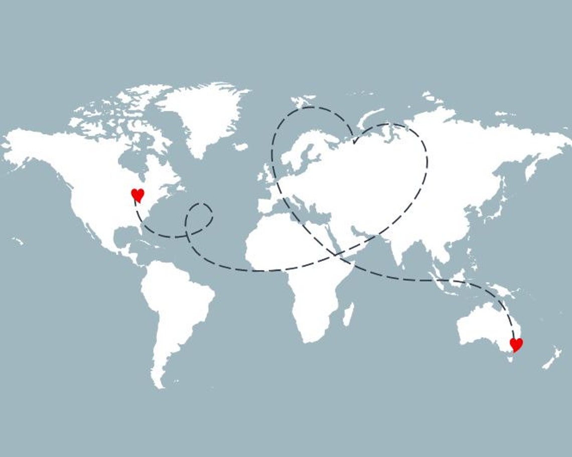 Long Distance Map World Map With Two Cities and Heart Slate | Etsy
