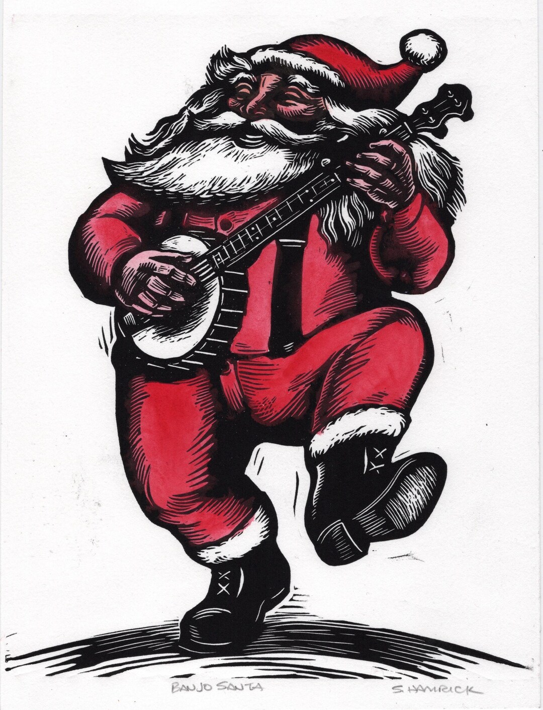 Banjo Santa Original Linocut, Hand Colored - Etsy