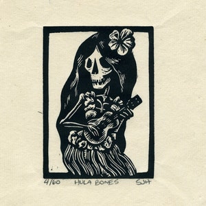 Skeleton Calavera Hula Bones Linocut - Etsy