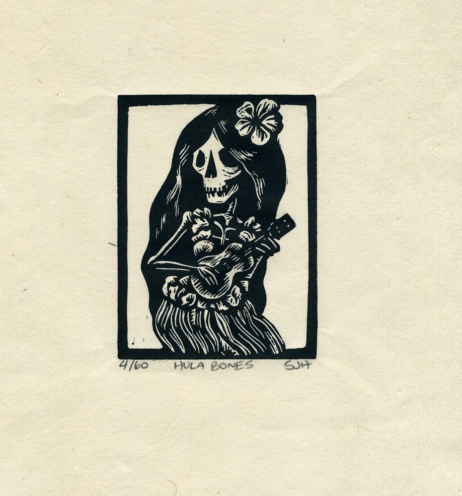 Skeleton Calavera Hula Bones Linocut - Etsy