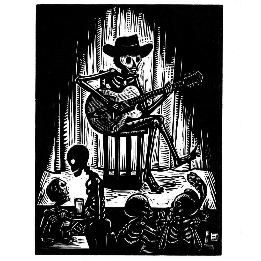 Linocut Skeleton 'guitar Bones' Original Print - Etsy