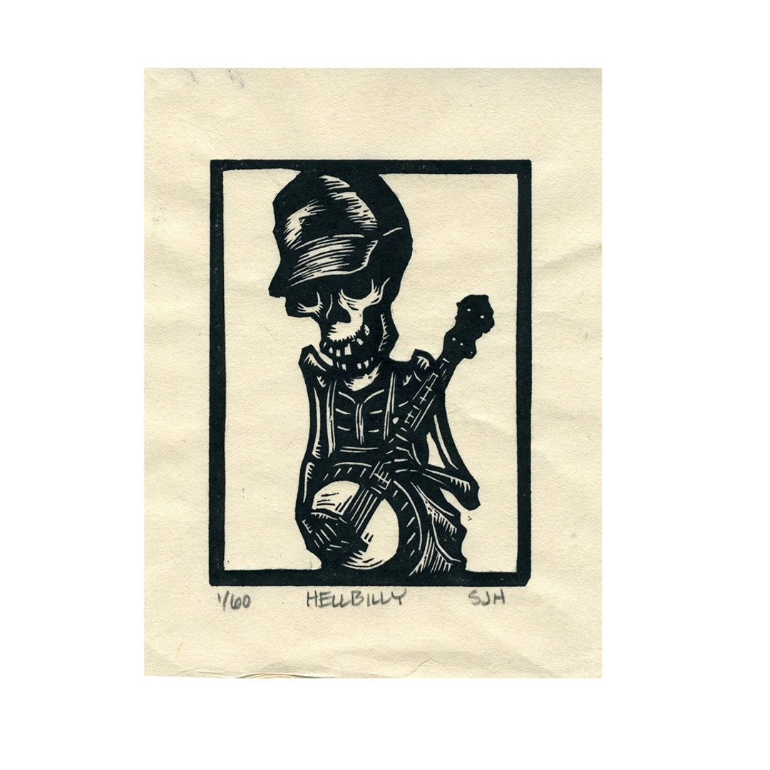 Skeleton Calavera Bluegrass Banjo Picker "hellbilly" Original Linocut ...