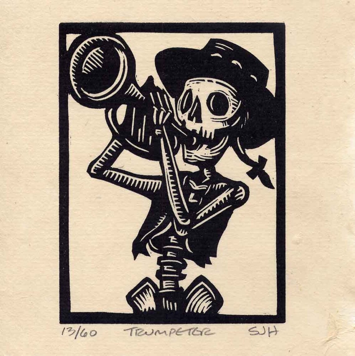 Skeleton Calavera Trumpeter original linocut print | Etsy