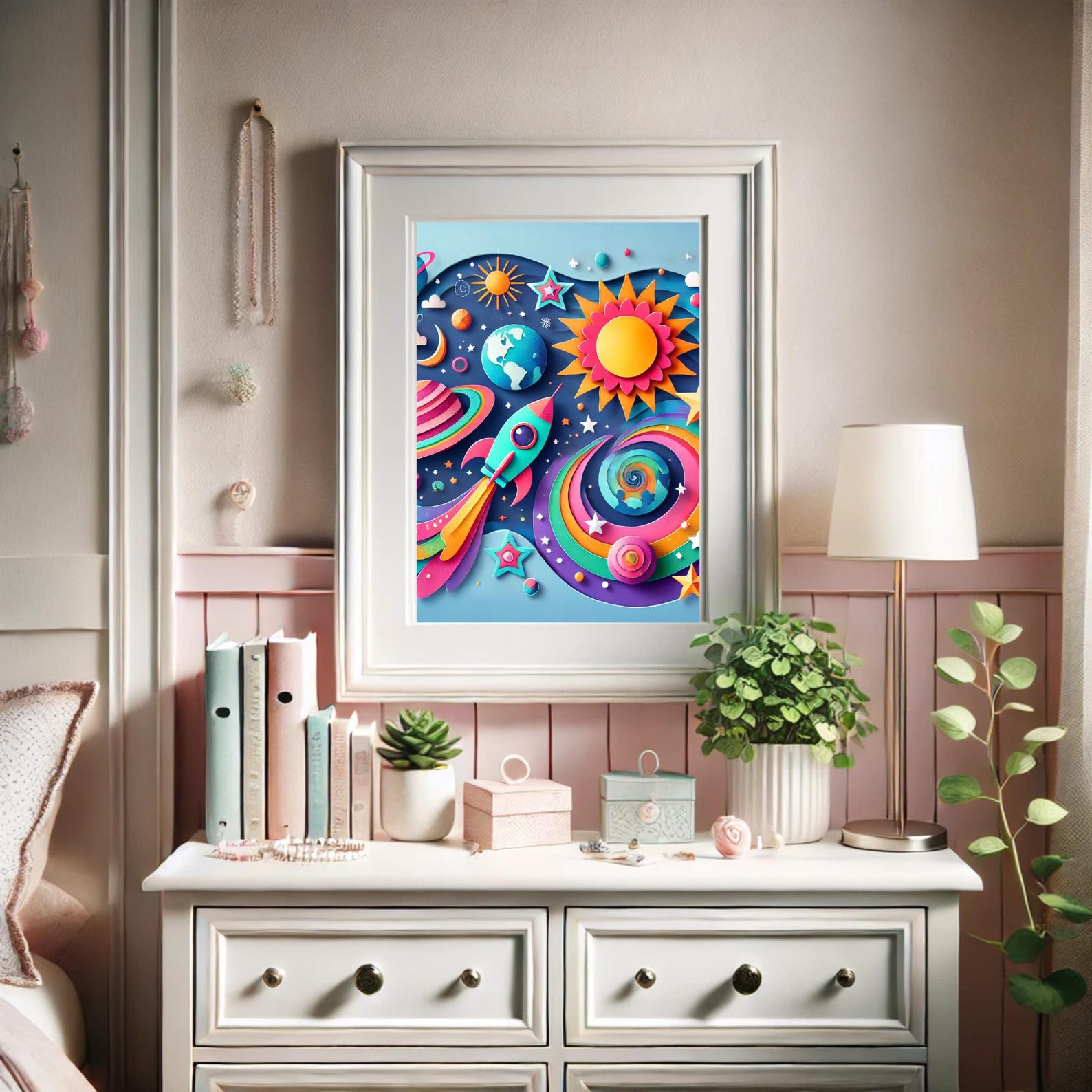 Vibrant Paper-cut Space Art With Rocket, Planets, and Stars. Perfect ...