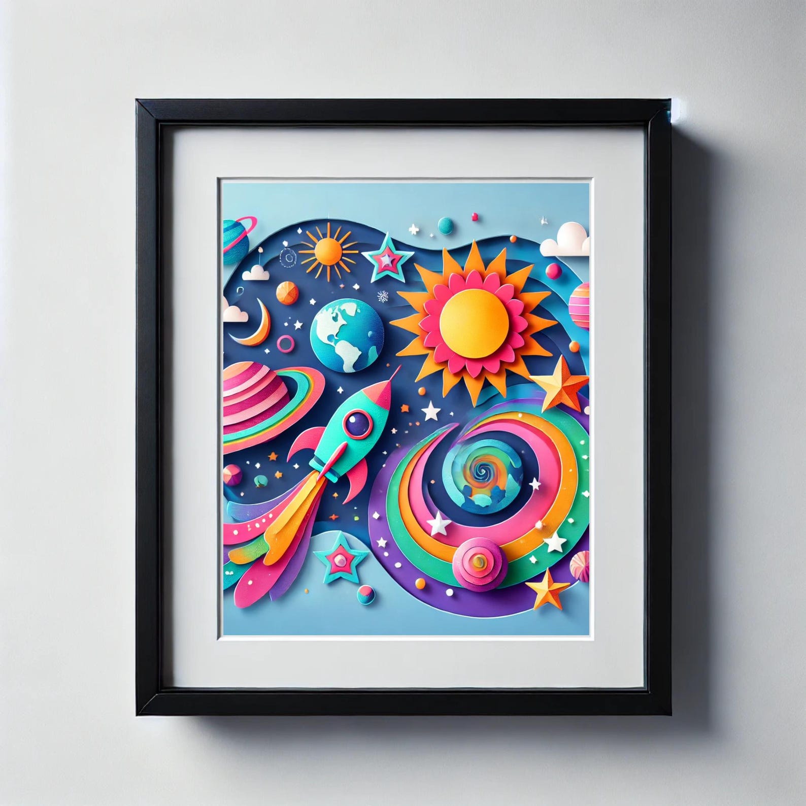 Vibrant Paper-cut Space Art With Rocket, Planets, and Stars. Perfect ...