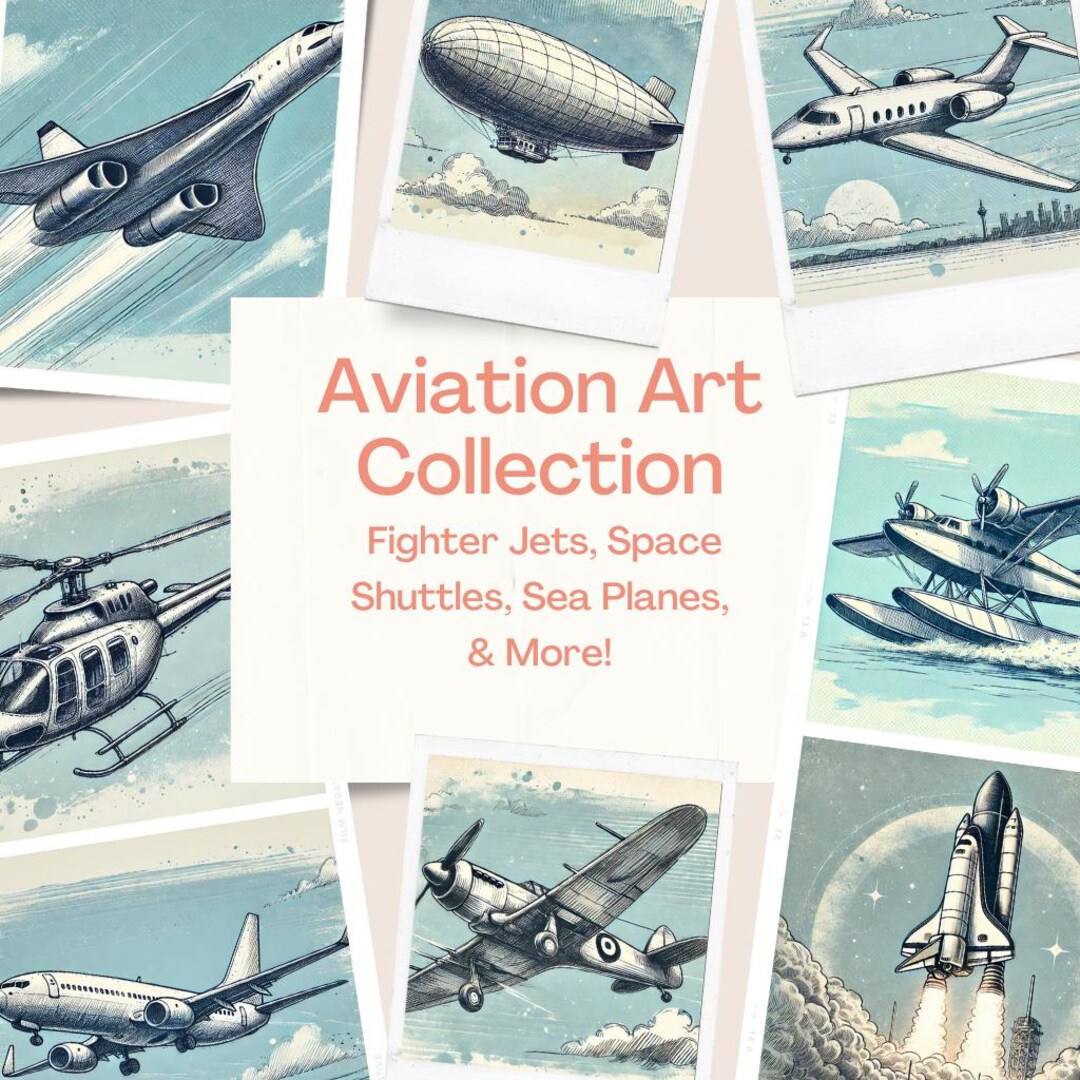 Collection of 12 Hand Drawn Aviation Prints Featuring Vintage & Modern ...