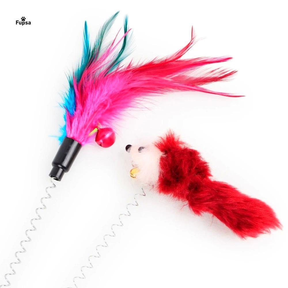 Multicolor Feather & Bell Mouse Teaser Suction Stick Spring Toy ...