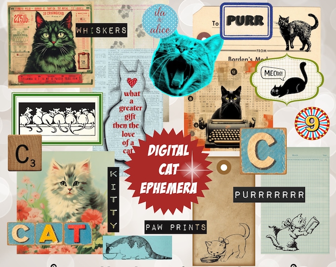 Cat Junk Journal Printable Ephemera, Digital Cat Mixed Media Journal ...
