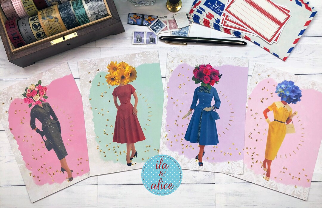 Pretty Postcard Set With Beautiful Flowers and Vintage Dresses, Floral ...