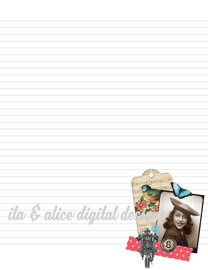Vintage Collage Printable Writing Paper Set Digital Lined Etsy