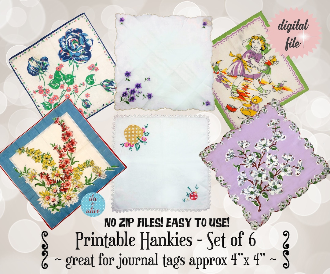 Pretty Digital Hankies, Set of 6 Printable Vintage Hankies, Digital ...