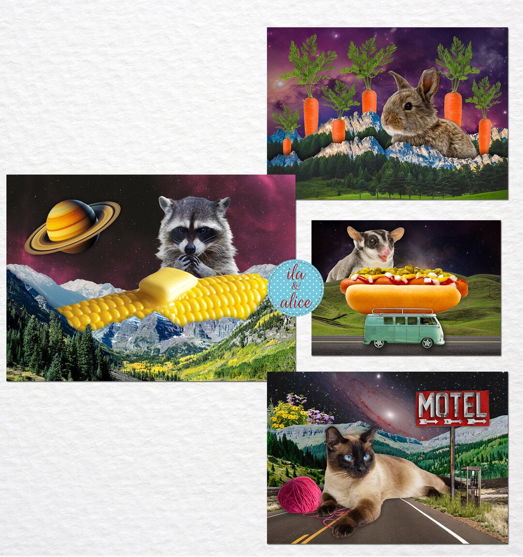 Funny Animal Collage Postcards, Weird Surreal Sci-fi Space Themed ...