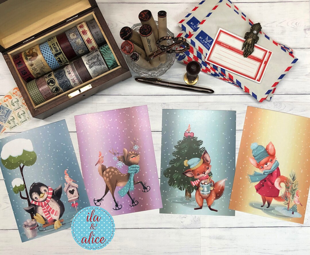 Winter Animal Postcard Set, Snowy Illustration, Pen Pals (set of 4) - Etsy