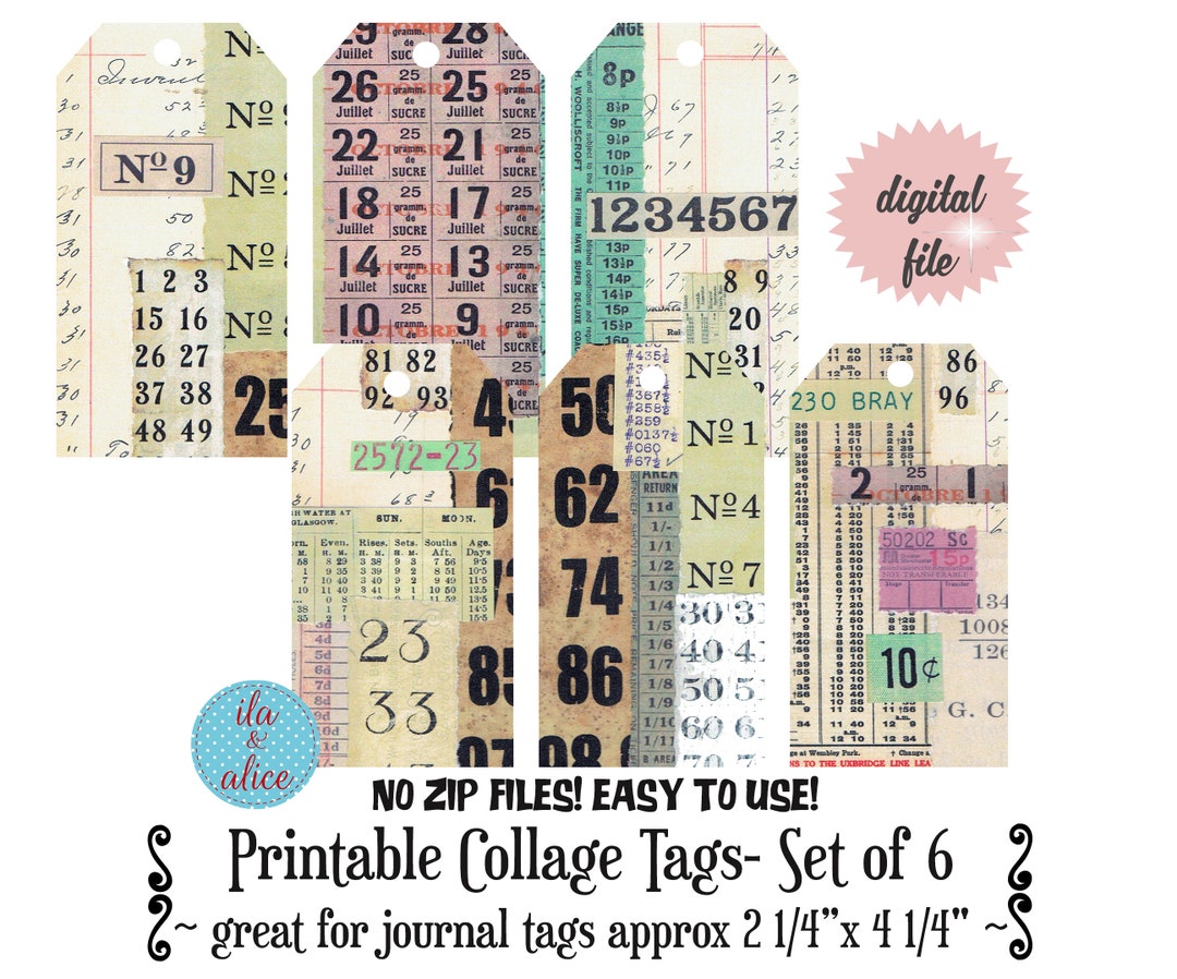 Printable Journal Tags With Numbers, Set of 6 Digital Collage Tags W ...