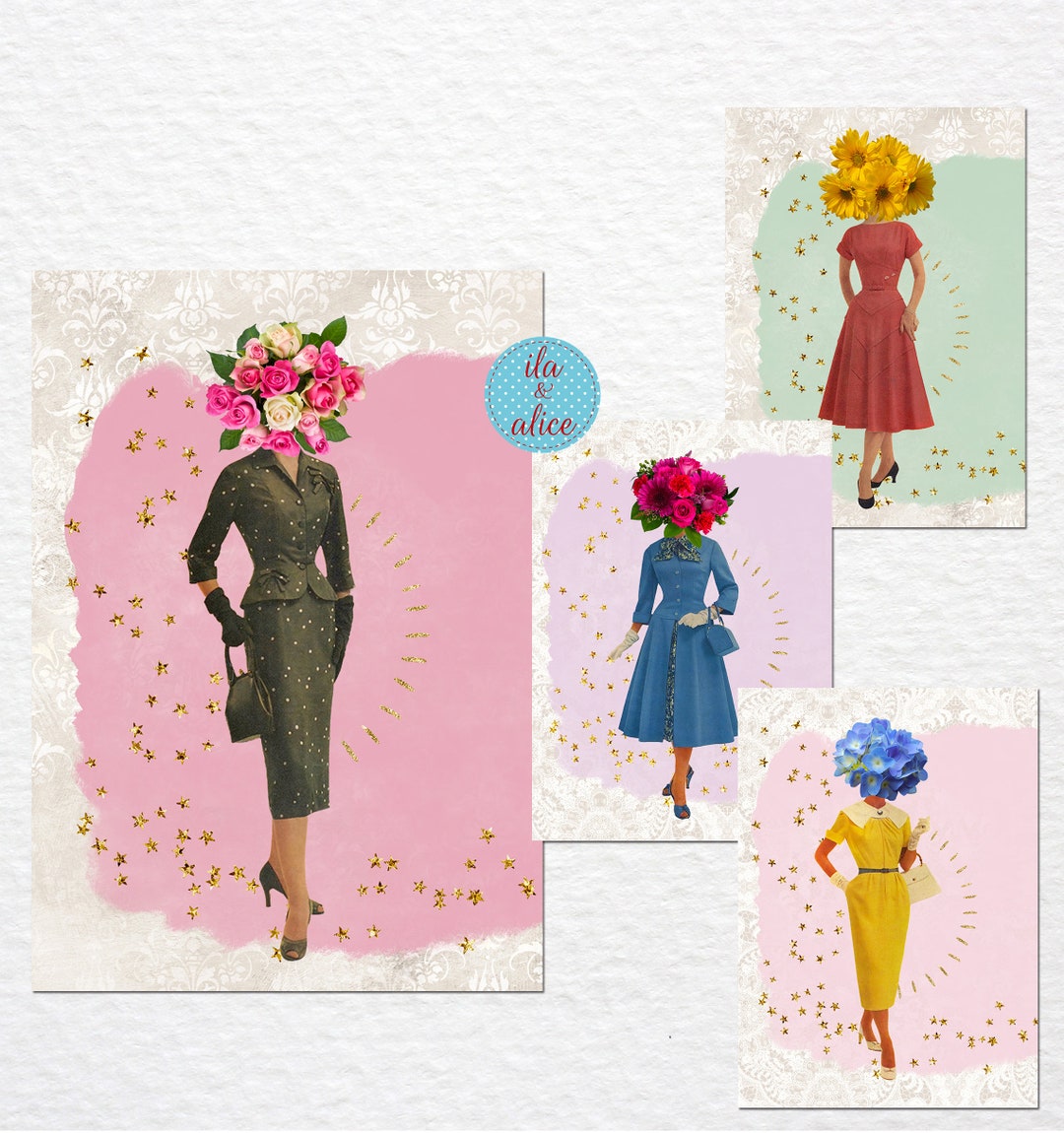 Pretty Postcard Set With Beautiful Flowers and Vintage Dresses, Floral ...