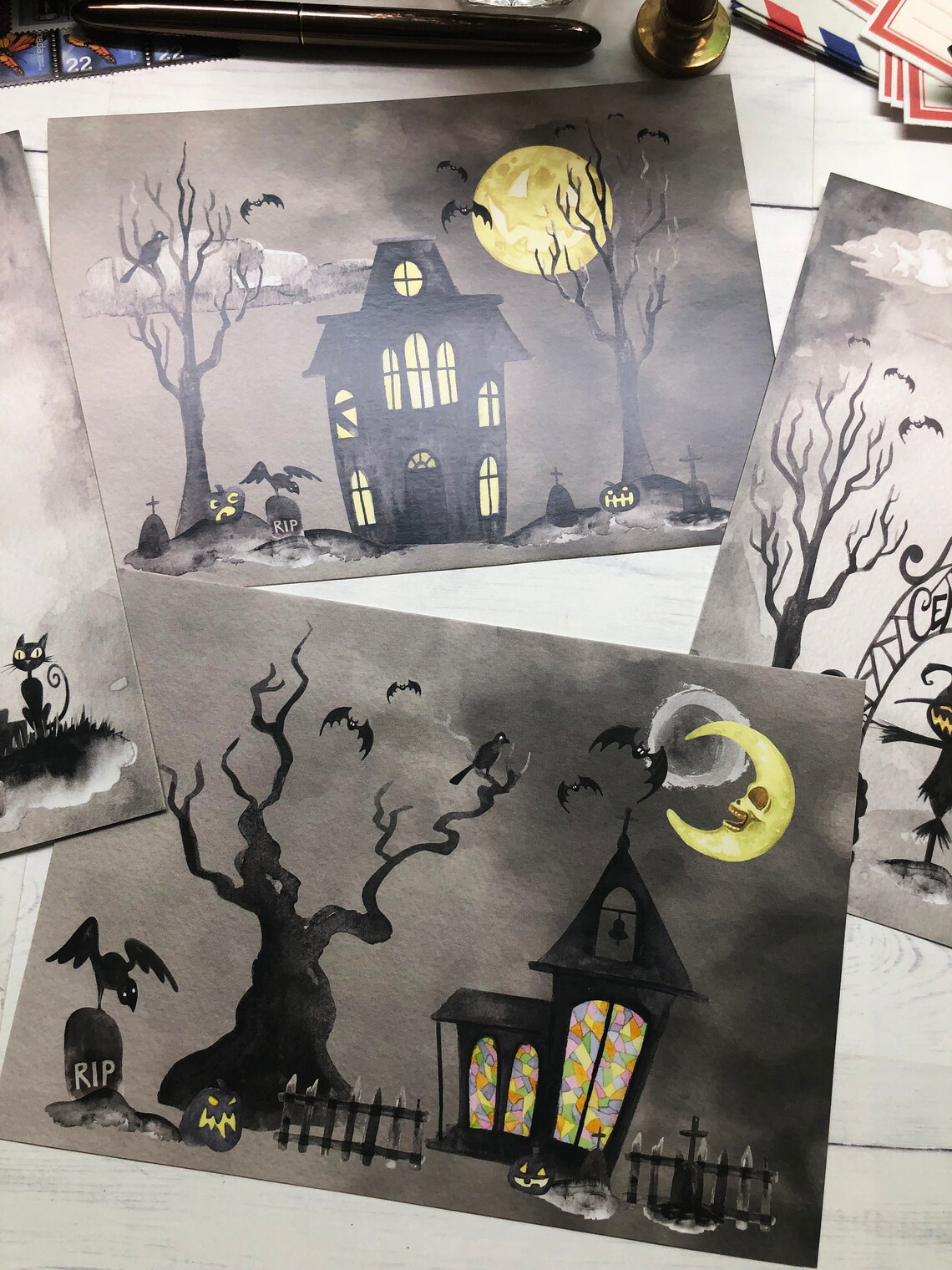 Postal de Halloween Juego de postales de la casa embrujada - Etsy España