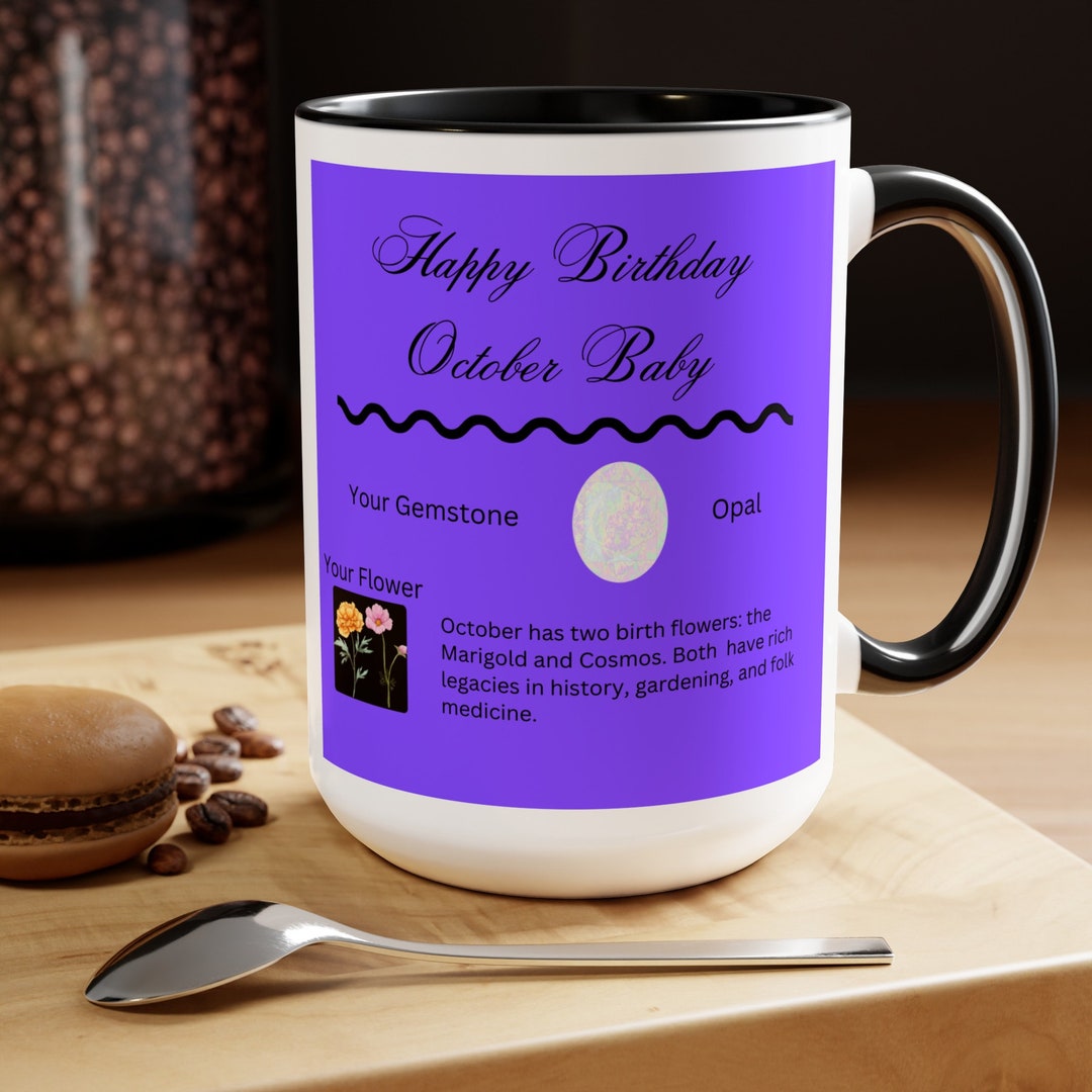 October Birthday Mug With Flower and Gemstone Two-tone Coffee Mugs ...