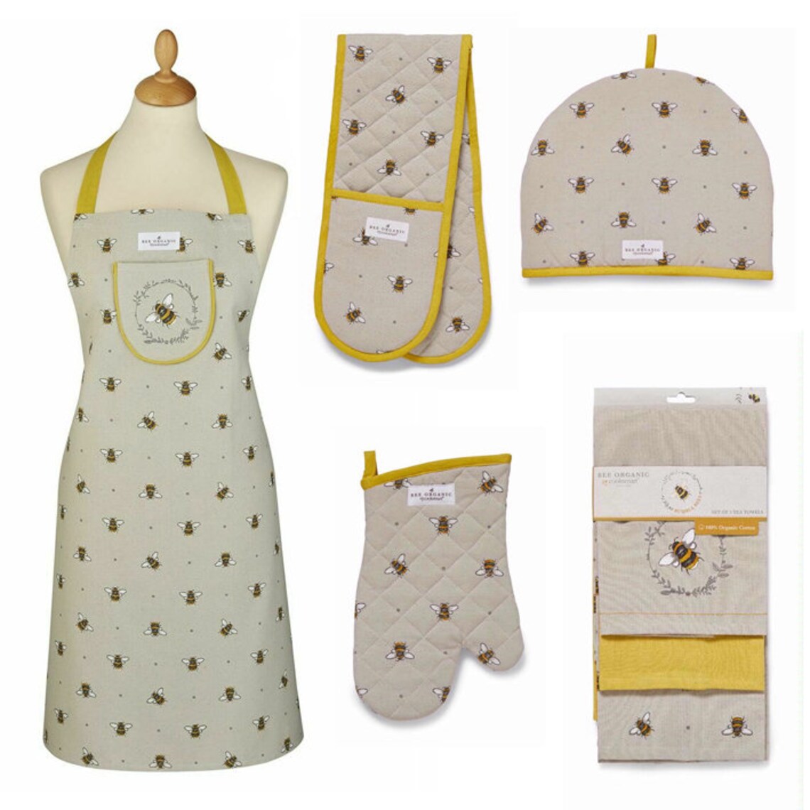 Cooksmart Bumble Bee Organic Cotton Apron Tea Towels Double Oven Gloves ...