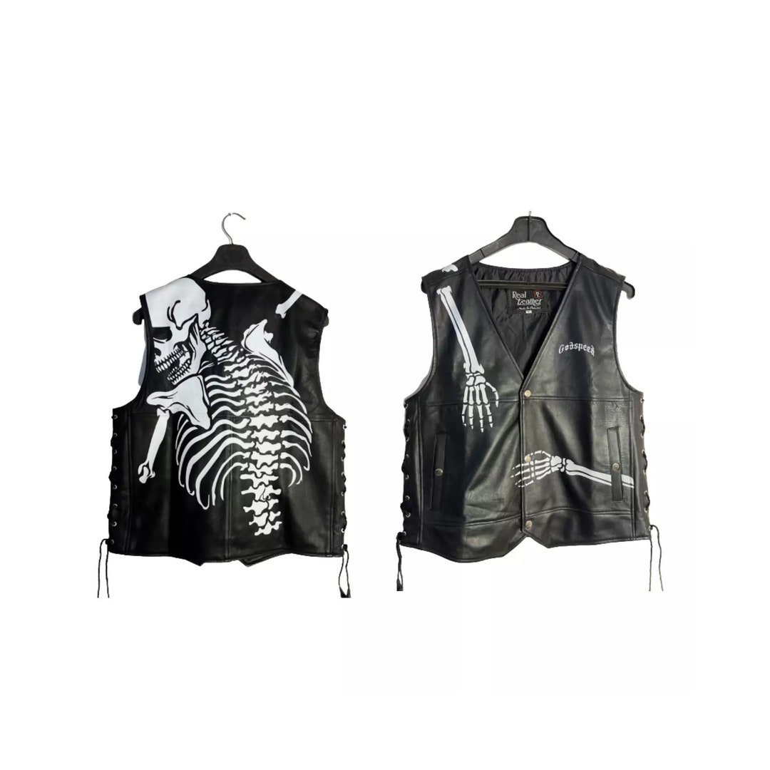 Men's Black Skeleton Leather Vest Halloween Leather Vest Black Skeleton ...