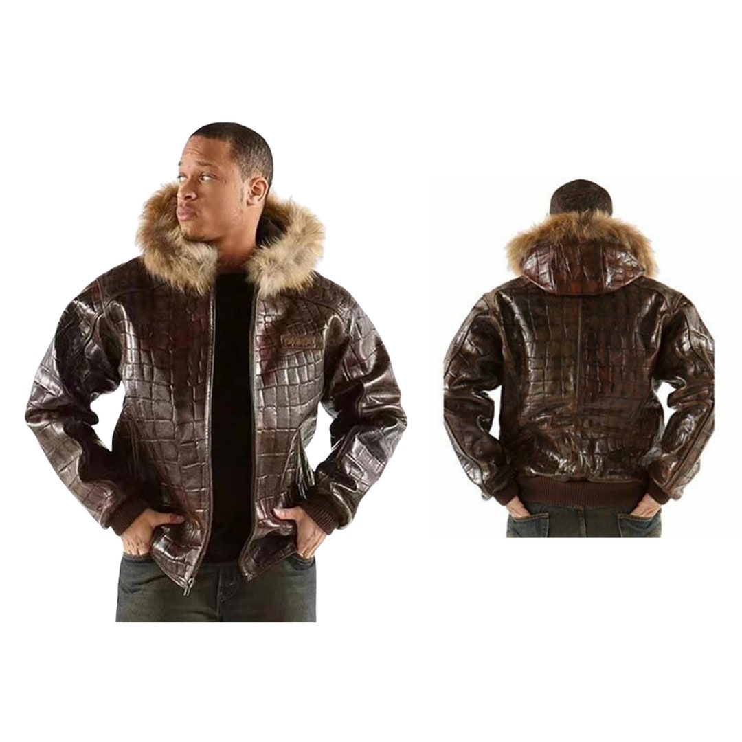 Men Bomber Leather Jacket Brown Hooded Leather Jacket Fur Hooded ...