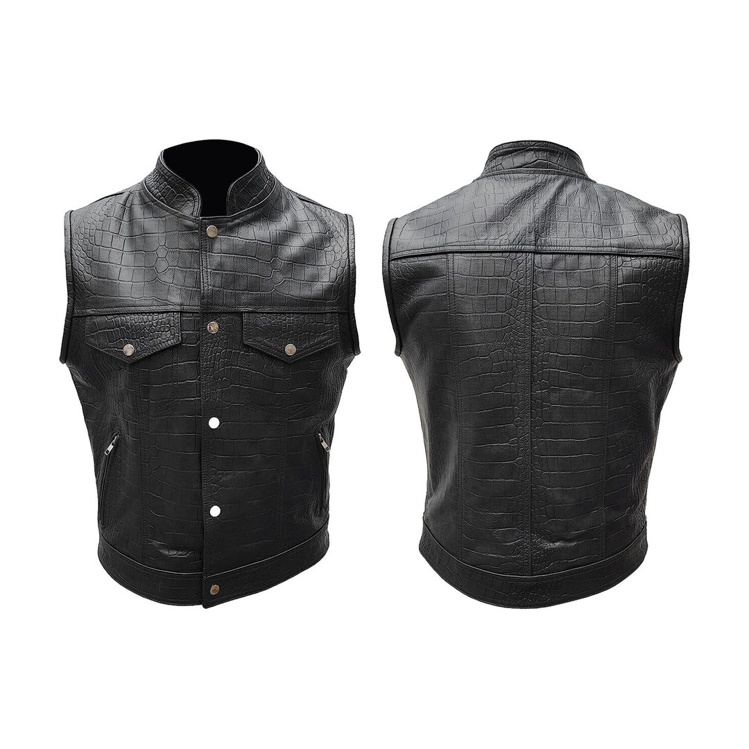 Crocodile Leather Vest for Men's Black Crocodile Leather Vest Biker ...