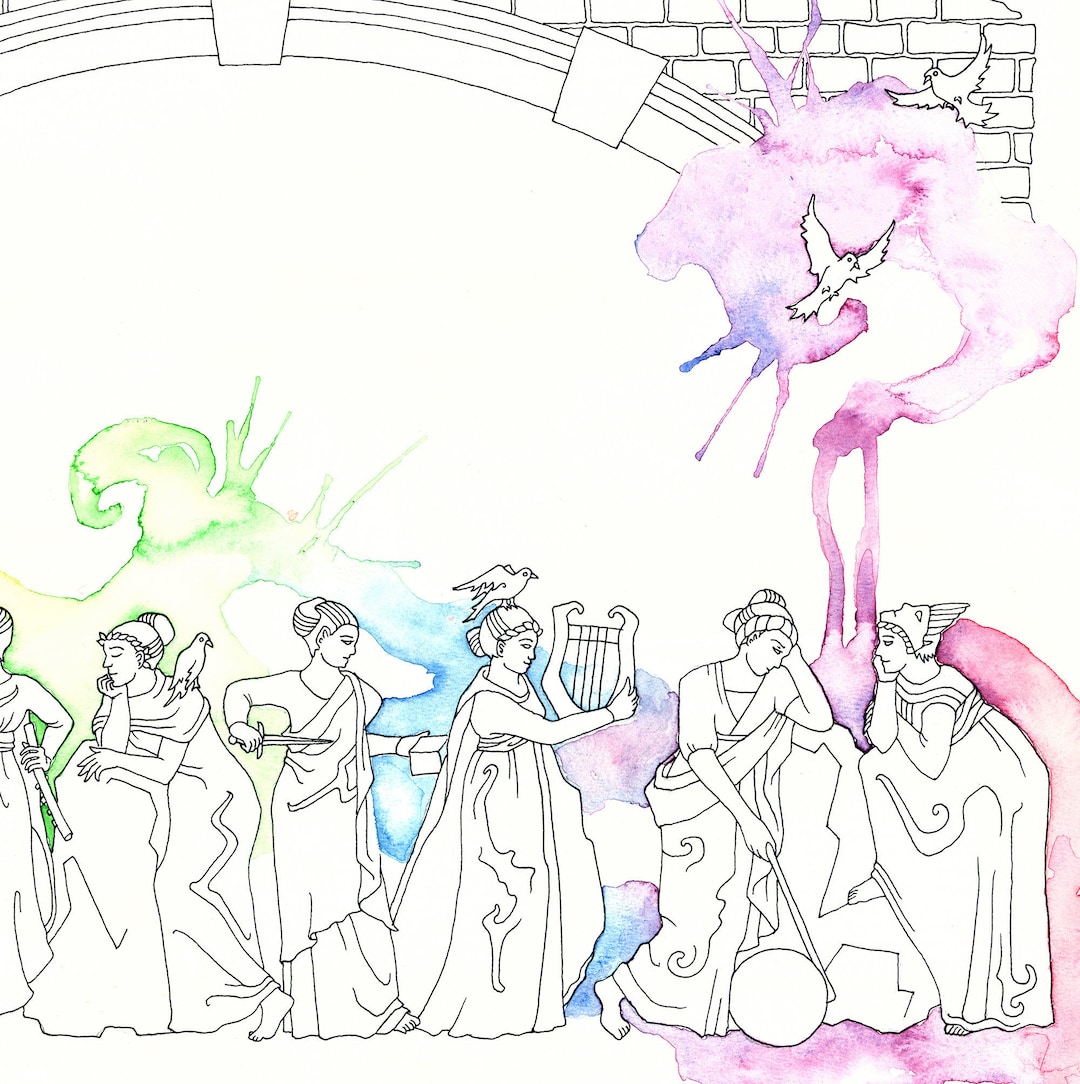 Gran impresión de Las Nueve Musas basada en el mito y la escultura de la antigua Grecia y Roma ...