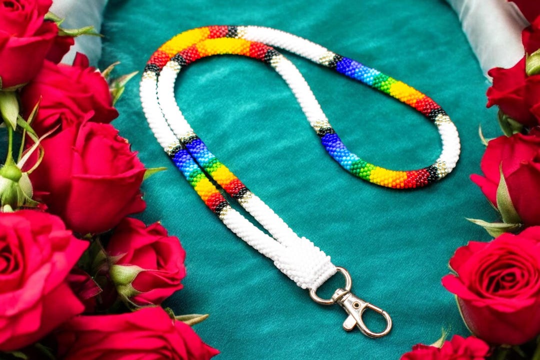 Native American Beaded Lanyard – Rainbow Snow Forest Design, Breakaway ...