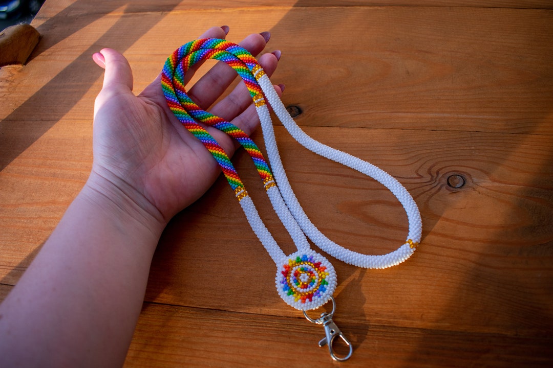 Beaded Medallion Lanyard: White Native Style Teacher ID Badge Holder - Etsy