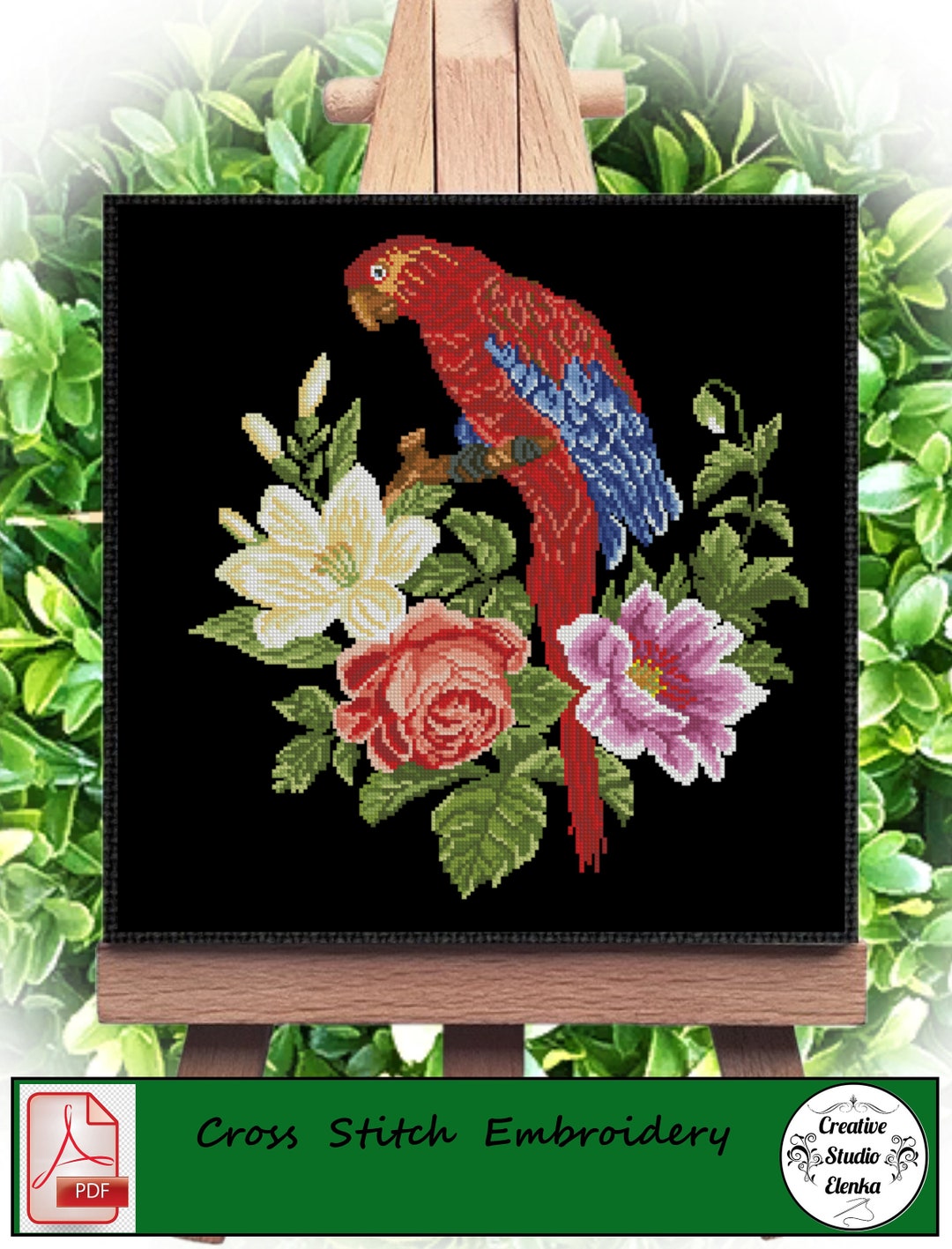 Macaw and Lilies Antique Cross Stitch Pattern / Vintage Embroidery ...