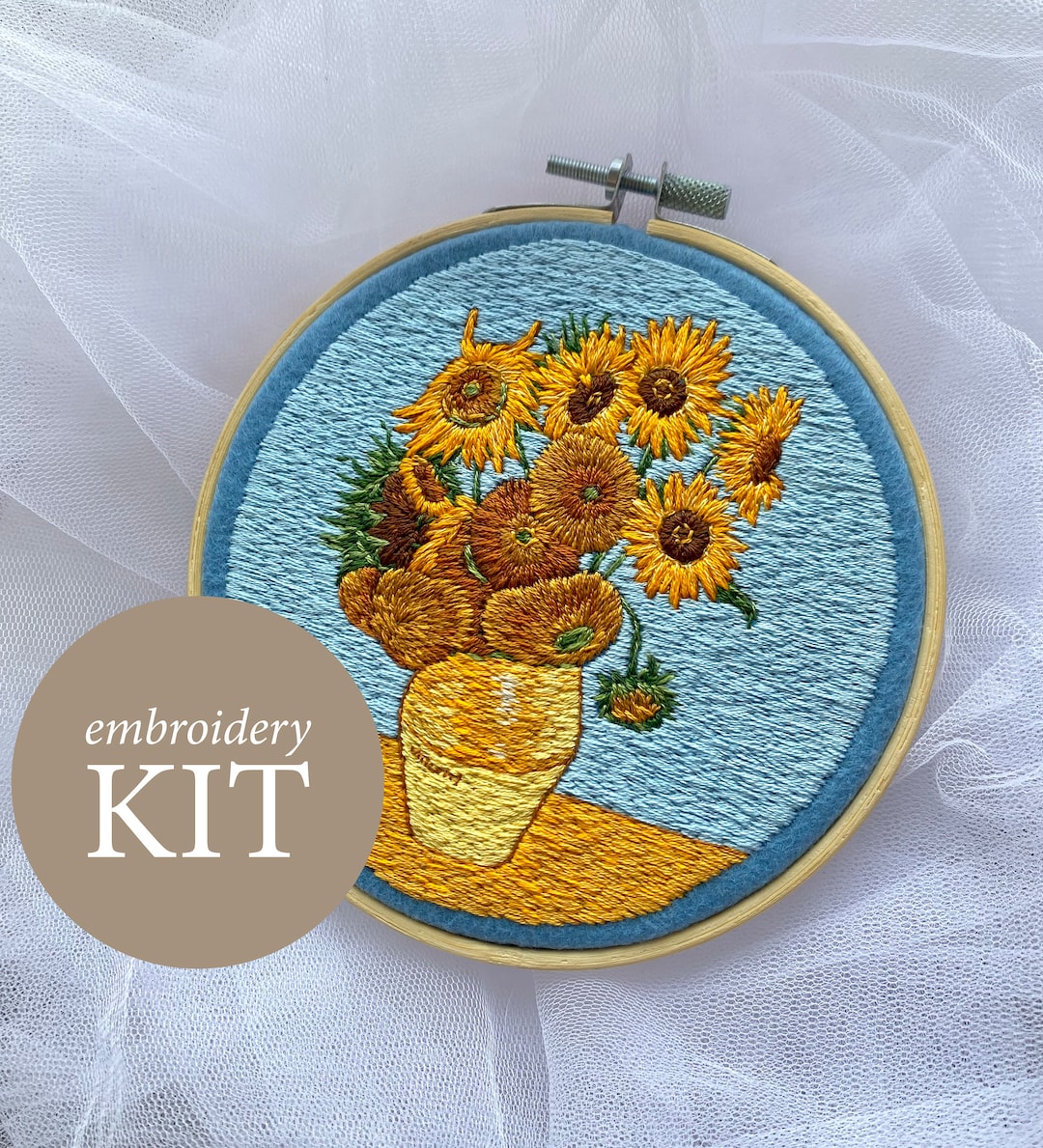 Van Gogh Sunflowers Embroidery Kit, Van Gogh Embroidery Sunflowers on Blue Thread Painting, DIY ...
