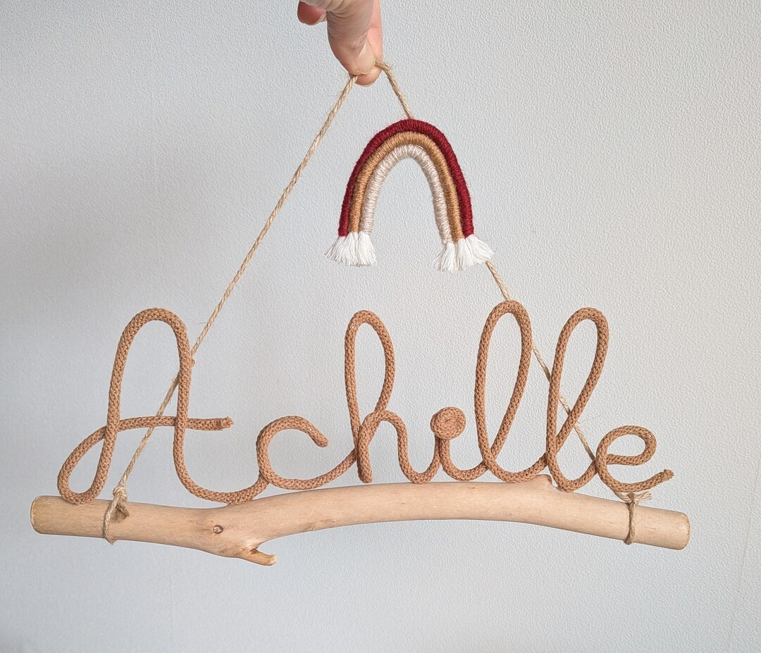Hanging Decoration With Child's Name on Driftwood and Rainbow / Knitted ...