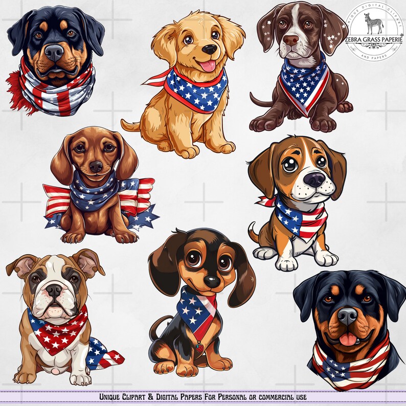 Patriotic Dog 4th of July Watercolor Clipart Bundle, Cute Pet Portrait ...