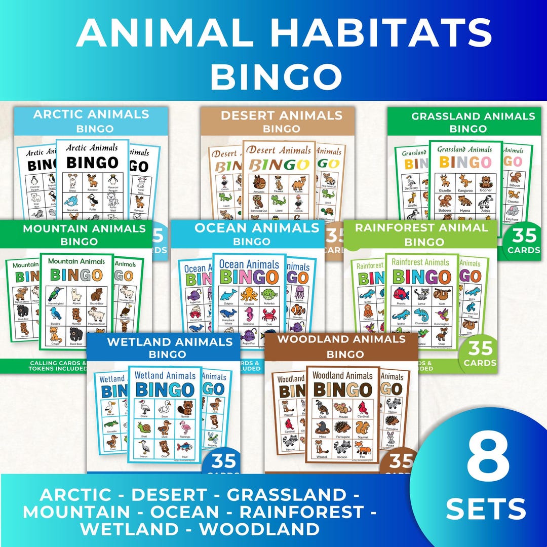 Bingo for Prek and Grade 1, 8 Different Animal Habitats, Learn About ...